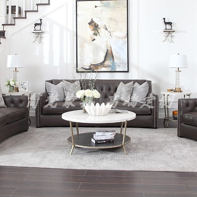 美式乡村全实木进口真皮牛皮三人沙发拉扣复古油蜡皮布艺别墅沙发