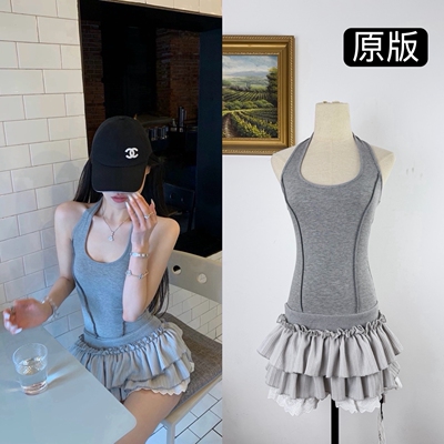 0ope 私服韩女灰色挂脖修身蛋糕裙性感辣妹收腰无袖短款连衣裙