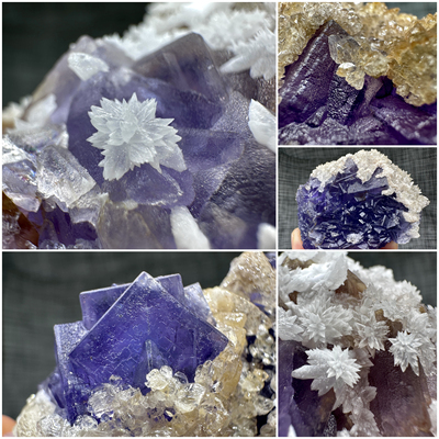 薰衣草萤石紫蓝色闪亮花状方解石天然矿物晶体矿石标本摆件教学