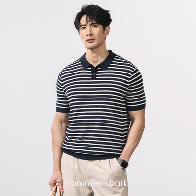 意式老钱风polo领条纹针织短袖男