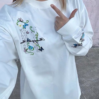 MEDM2025新品蝴蝶花藤圆领休闲长袖T恤通勤简约情侣打底衫上衣秋