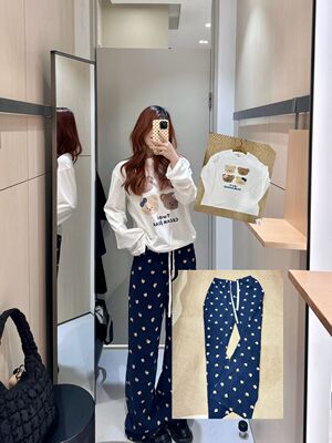 TWOI Design Lab奶油熊头抽绳满印熊头加绒长裤ins潮