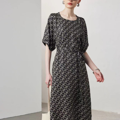 真丝连衣裙女款宽松系带斜纹绸MH-027