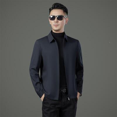 春季新款士翻领夹装克中老年8819爸爸商务休秋闲茄克桑蚕丝男免烫