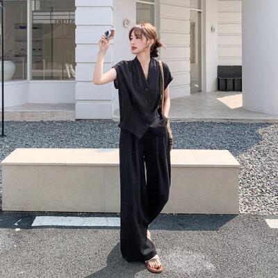 黑色韩系气质C525-T82马高甲套装女夏季新款级无感袖衣阔腿上裤两