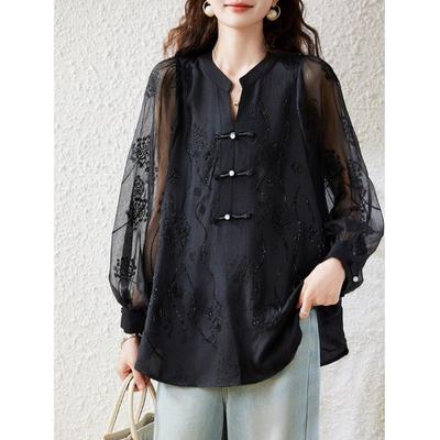 盘扣刺绣新中式v领烫钻时尚衬衫女2025秋季新款镂空气质休闲上衣