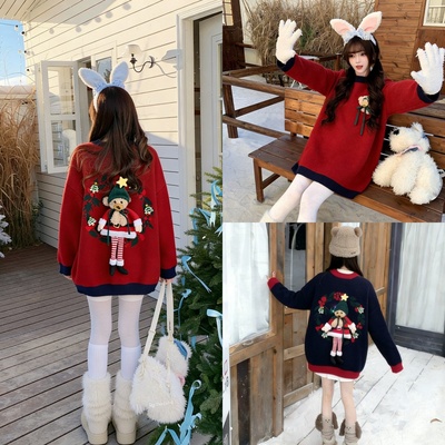 圣诞风红色小熊毛衣女2025新款冬季重工设计高级感慵懒复古针织衫