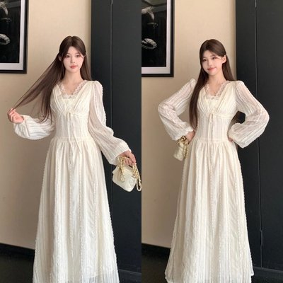 实拍大码 长款v领收腰长袖连衣裙女秋冬法式复古气质显瘦a字裙子