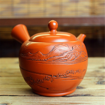 常滑烧雕刻朱泥名家侧把急须茶壶