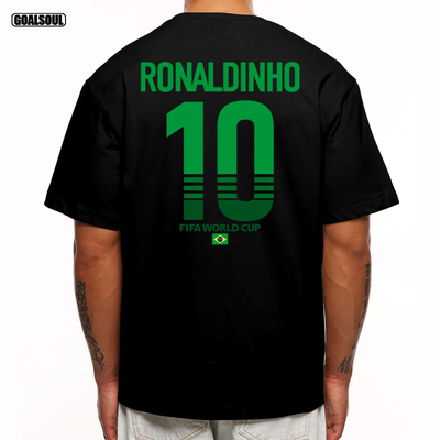 巴西 罗纳尔迪尼奥10号RONALDINHO小罗 足球休闲重磅纯棉短袖T恤