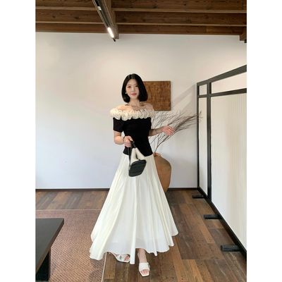 甜辣多多天丝棉上衣夏季复古花边一字领T恤女露肩短袖上衣Z3793