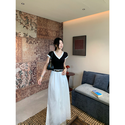 甜辣多多 天丝连衣裙2026年撞色通勤短袖连衣裙女J2829(不含腰带)