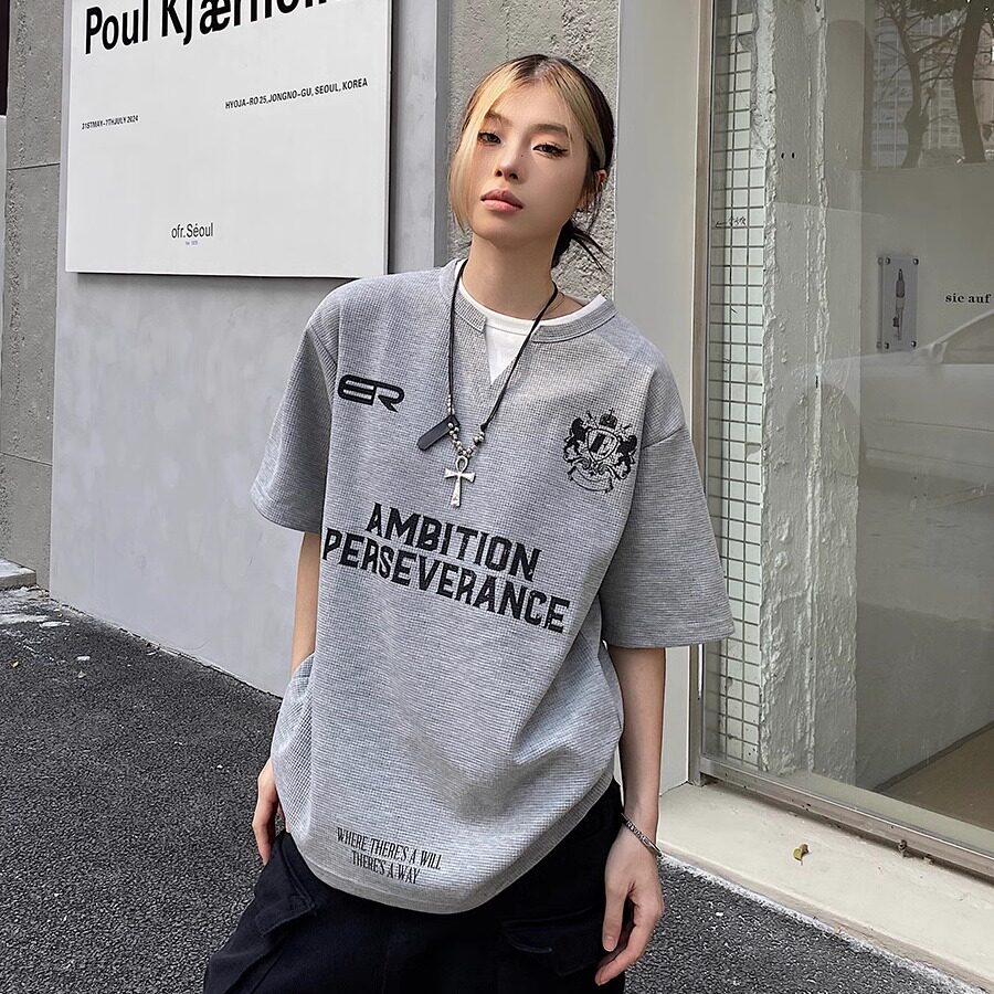 GGBAI 美式街头复古字母假俩件短袖T恤男女国潮宽松小众情侣上衣