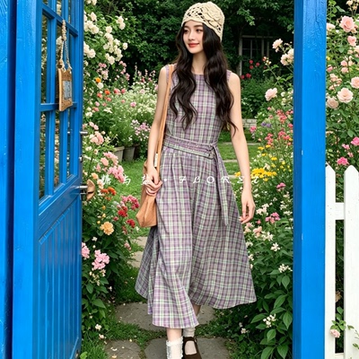 糖与盐FLORET 设计感格纹无袖复古连衣裙女26夏季法式收腰显瘦裙