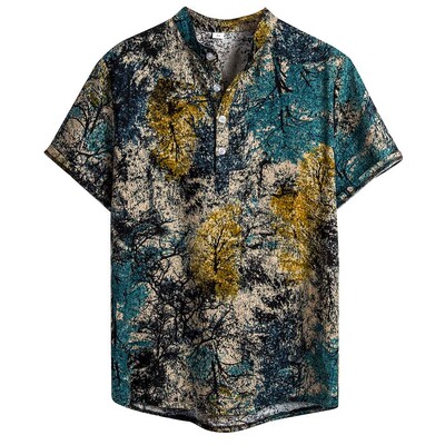 Male Cotton Linen Printing Hawaiian T Shirt Stand Blouse衬衫