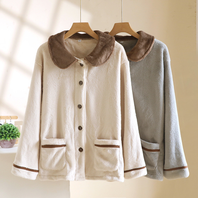 女法兰绒上衣睡衣家居服冬季厚