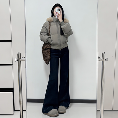 韩系复古时尚毛领收腰短款棉服女