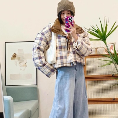 【免费试穿】格纹短款棉服外套