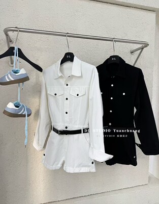 2026韩版新款十三行通勤长袖Polo领单排扣牛仔连体裤配腰带A10055