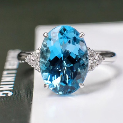 18K钻石镶嵌天然精品超圣海蓝宝戒指 主石3.48ct 无杂裂 颜色浓郁