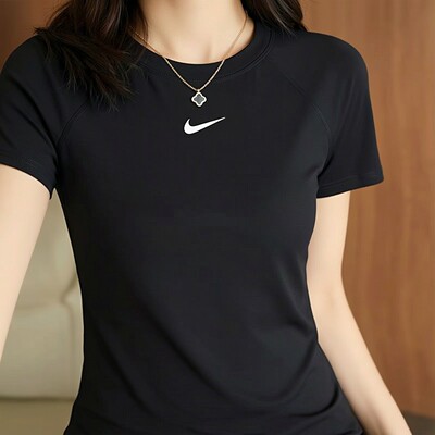 黑色短袖Nike耐克女小勾透气瑜伽训练修身短款速干运动T恤FV7843