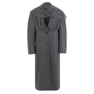 超低围巾领仿真丝拼接风衣外套