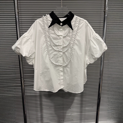 撞色珍珠链条泡泡袖衬衫短袖宽松
