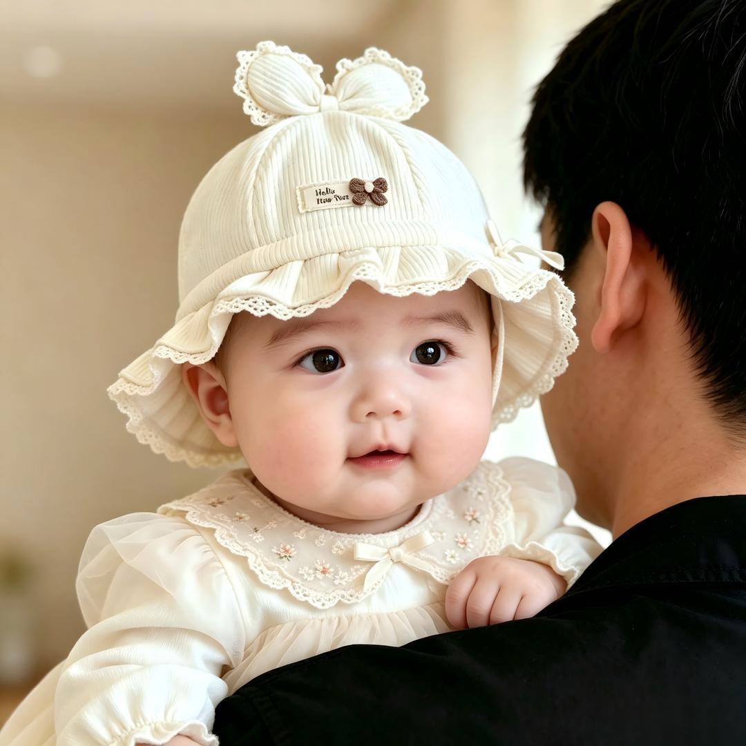 婴儿帽子女童春秋季公主花边甜美蝴蝶结冬款小月龄宝宝遮阳渔夫帽