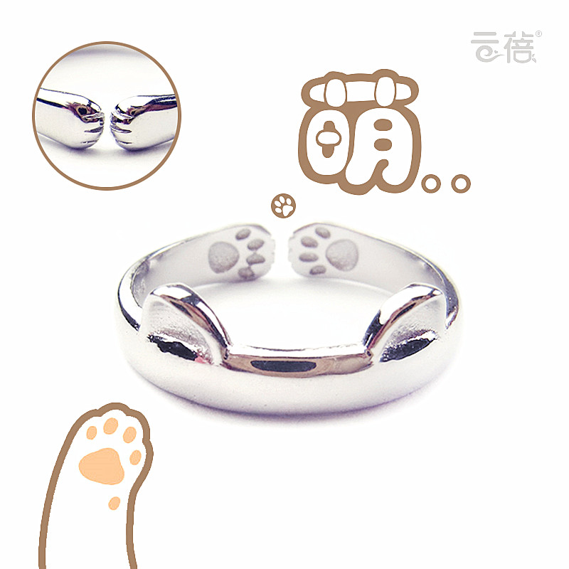 刻字创意S925纯银猫咪戒指女 可爱日韩开口食指尾戒 个性银饰礼物