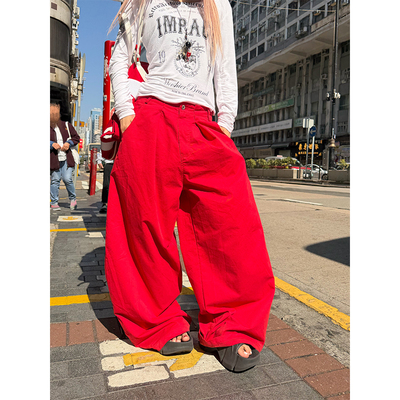 NECOYEP 美式复古压褶设计感阔腿裤男女宽松休闲慵懒百搭拖地长裤