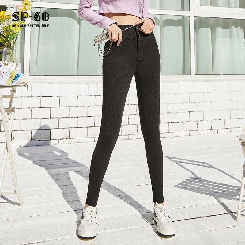 sp68高腰三粒扣魔术裤女士修身弹力显瘦外穿打底裤_虎窝淘