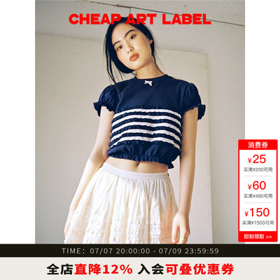 金靖同款cheap art label藏青色重工泡泡袖花边设计上衣女T恤新款