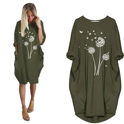 Women's Midi Dress Dandelion Print Vintage Vestidos Long Sle