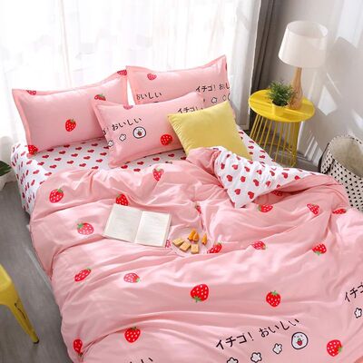 3/4pcs Bedding Set Pink Strawberry Fashion Bed Sheets Queen