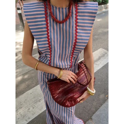 Women's Stripe Printed Flying Sleeves Top Set O-neck Sleevel