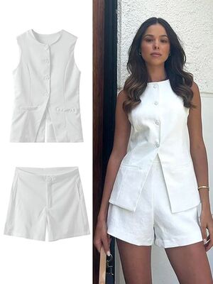 Solid Top Shorts Sets Women Sleeveless O-neck ops High Waist