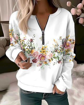 7 Colors Plant Floral Printed Pullover Women Zipper Long Sle