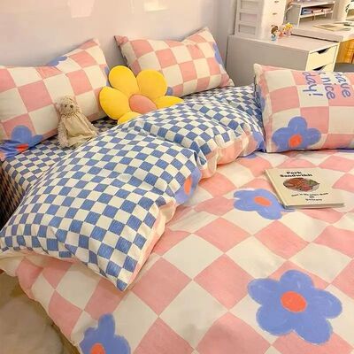 Nordic Pink Checkerboard Duvet ver Sets With Pillowcases Fla