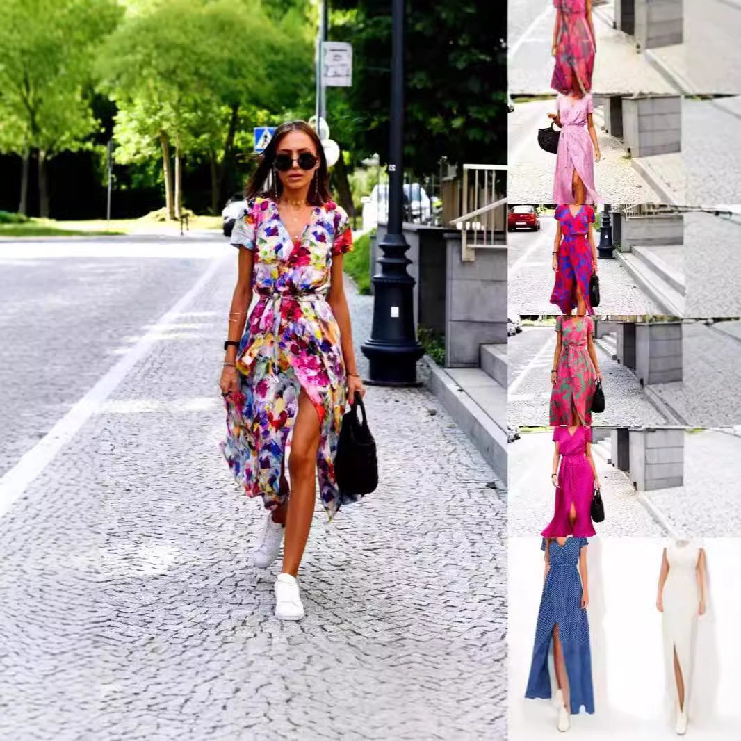Printed Dress 2025v Neck Slit Mid-length Group Women's Cloth