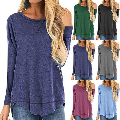 Women's 2024 Round Neck Long Sleeve T-shirt Solid Color Loos