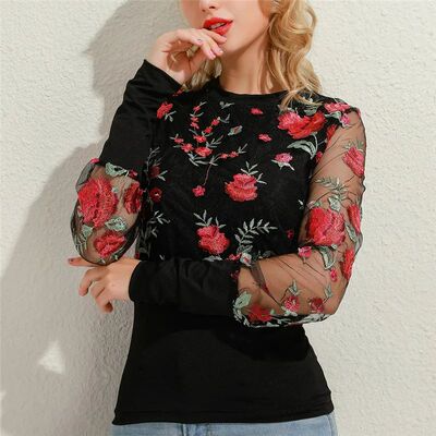 New Embroidery Floral Sheer Mesh Sleeve Blouse Shirts Women