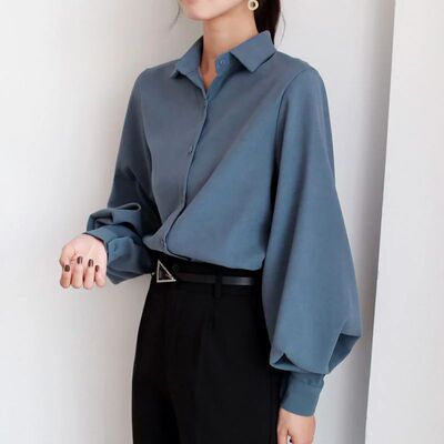 Women blouse vintage Turn-down Collar Spring Autumn Lantern