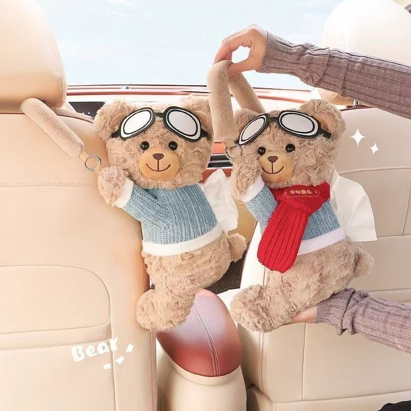 创意车载纸巾盒汽车挂饰高级感可爱卡通小熊内饰饰品纸巾挂袋