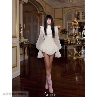 在线越南小众ameliee高级感泡泡袖连衣裙长袖纯欲风超仙公主短裙
