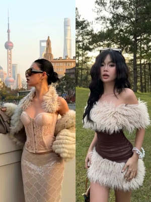越在线越南小众barc性感辣妹毛毛抹胸上衣/短裤/半裙套装