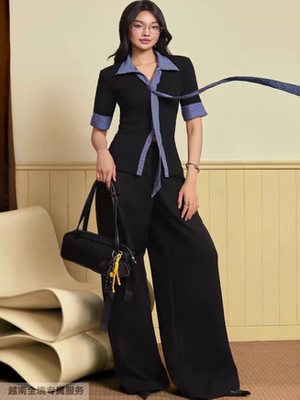 越在线越南小众baabeeboo酷飒干练格子拼接上衣宽松休闲裤套装