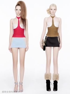 越在线越南小众doublebizz新款性感辣妹挂脖撞色露背修身短裙套装
