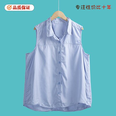 6566无袖衬衫  夏季棉绸翻领小纽扣时尚大码气质纯色百搭衬衣外贸