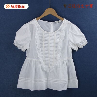 1481花边衬衫 夏季棉质圆领后纽扣时尚显瘦白薄款短袖衬衣小衫