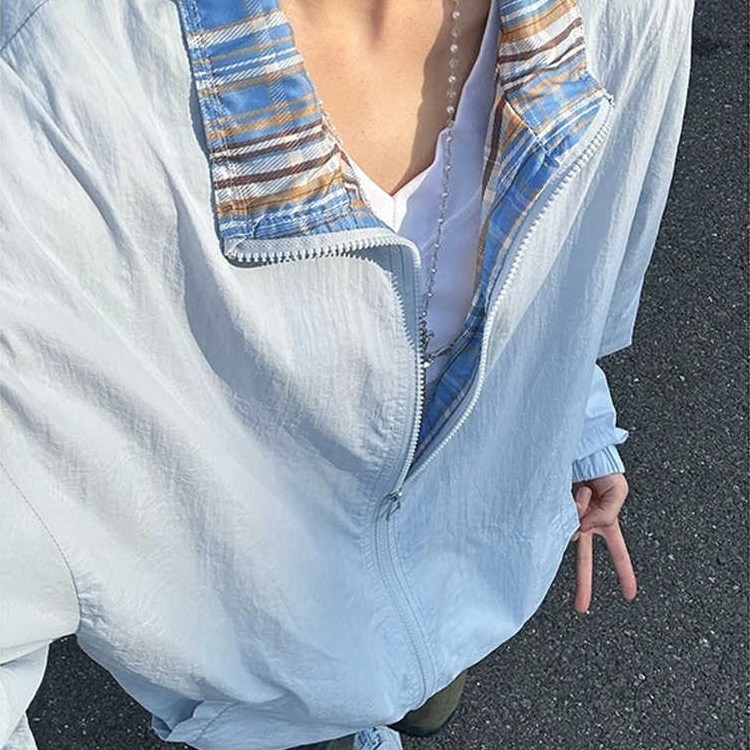 冰川蓝情侣防晒衣男女款2025夏季薄款拼接夹克衫翻领休闲运动外套